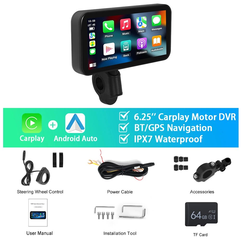 Podofo 6,25 дюймовый умный плеер Android авто двигатель Carplay IP67 водонепроницаемая with 64G Card