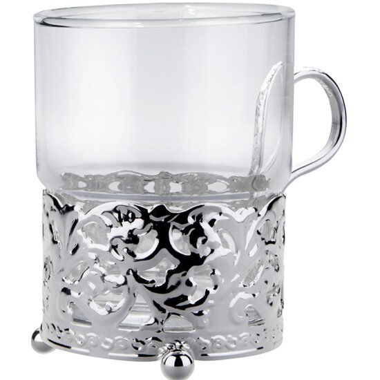 Стакан с подстаканником для чая, кофе, воды Queen Anne Античный (QA-0/6322/A) 7х9 см, 150 мл, стекло, сталь, посеребрение