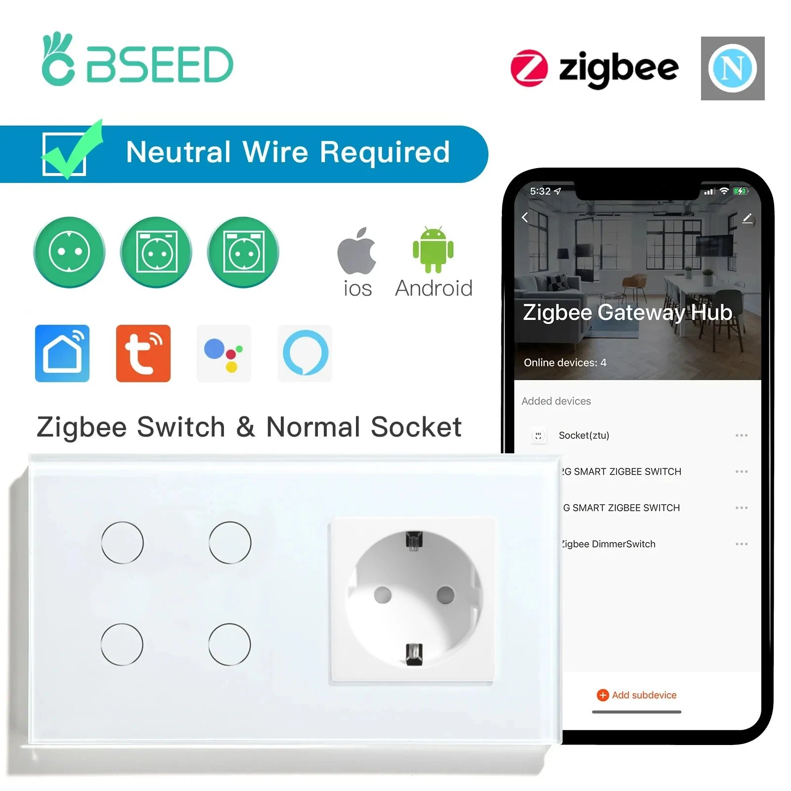 Сенсорные выключатели BSEED ZigBee 1/2/3 Gang 4Gang