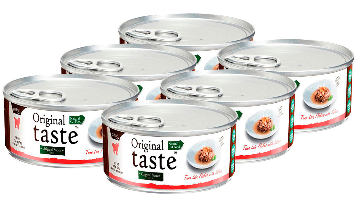 Влажный корм Pettric Original Taste Grain Free Tuna & Salmon беззерновые для взрослых кошек с тунцом и лососем в соус банка, 70 гр х 6 шт