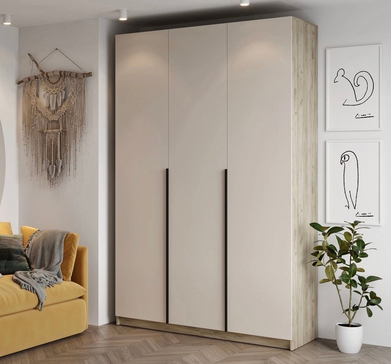 Шкаф Бохо 3х створчатый. 1.52 метра. Лдсп. Дуб Крафт серый/Кашемир