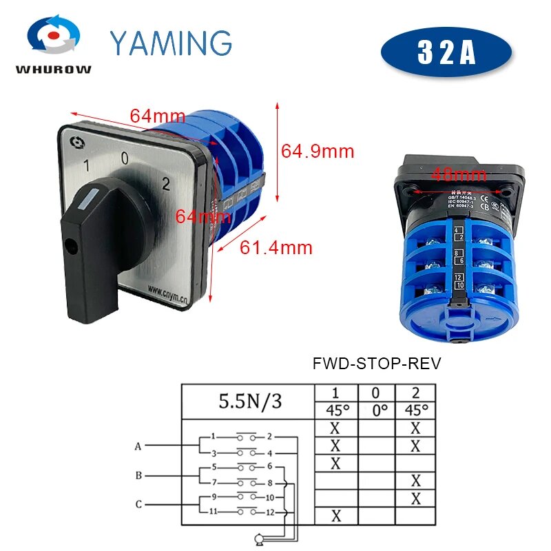 Переключатель реверса двигателя LW26 5.5N/3 20A/25A/32A, кулачковый, 660В, 3-полюсный, 3-позиционный, селектор двигателя, передний ход и реверс, поворотный 32A