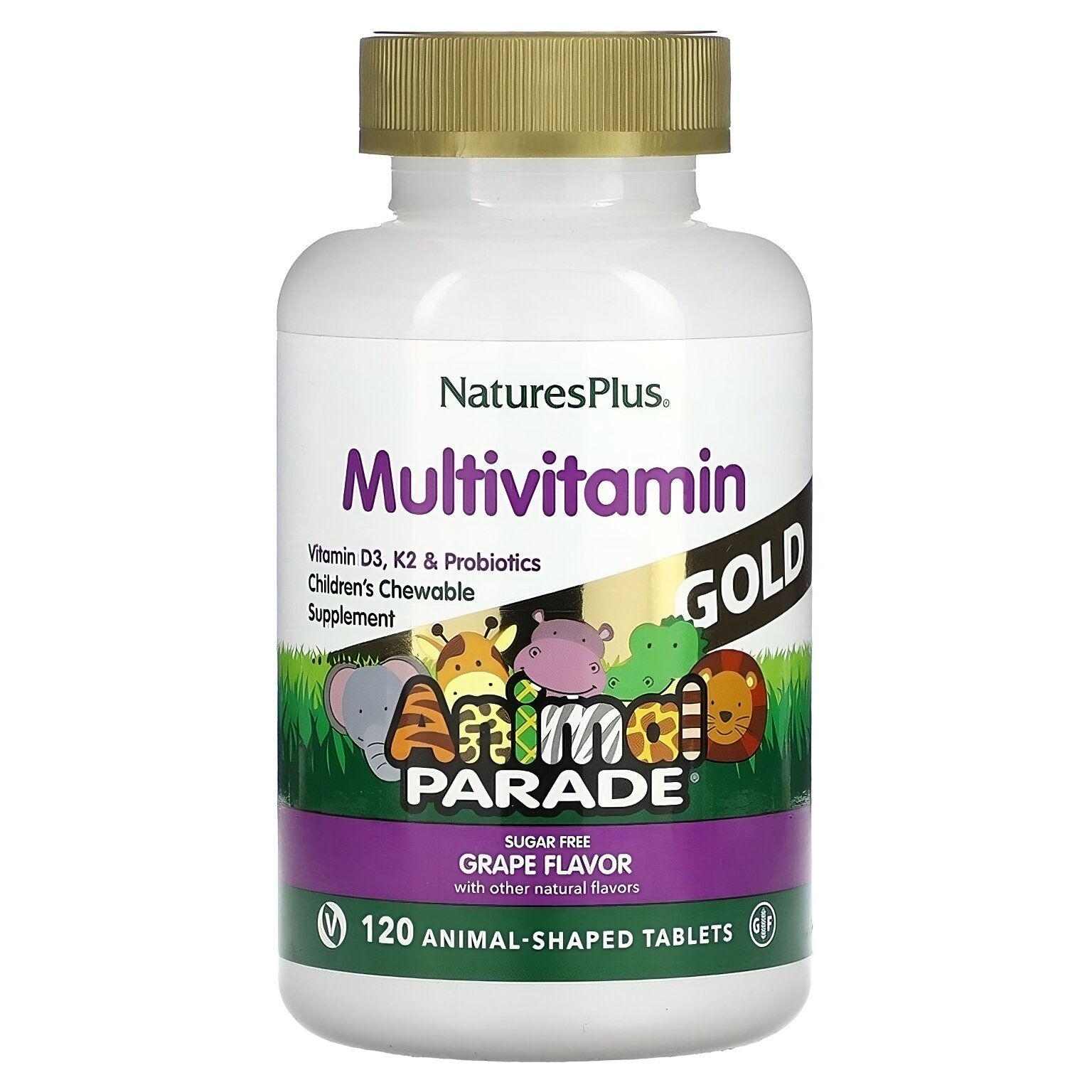 Nature's Plus Source of Life Animal Parade Gold Мультивитамины и минералы для детей, вкус натуральный виноград, 120 таб. В форме животных