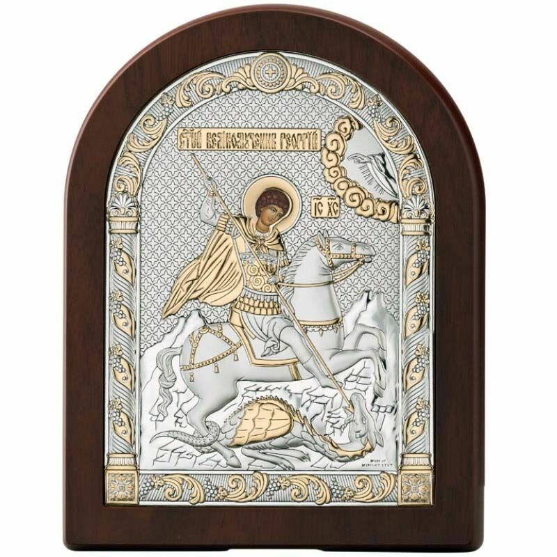 Георгий Победоносец Святой великомученик. Икона в серебряном окладе. (18 х 22 см / С позолотой на серебряном окладе)