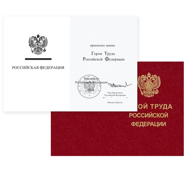 Герой Труда Российской Федерации, сувенирная копия удостоверения, печать с подписью, наградной лист участников