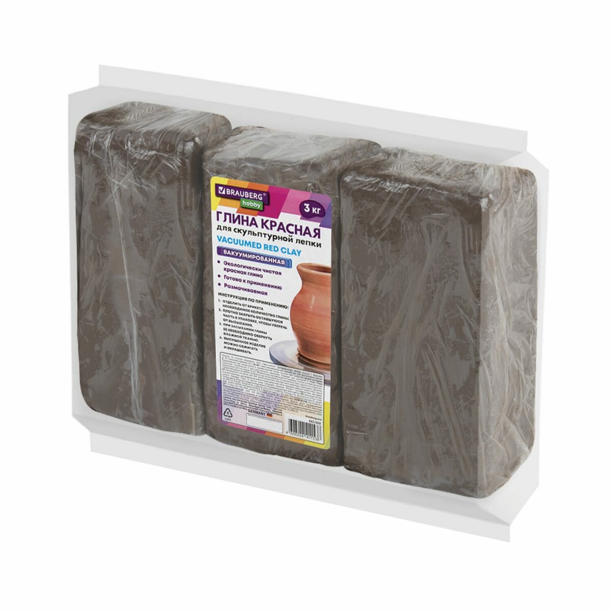 Глина для лепки Brauberg Hobby, красная, 3кг, вакуумированная, готовая, размачиваемая (665360), 6шт.