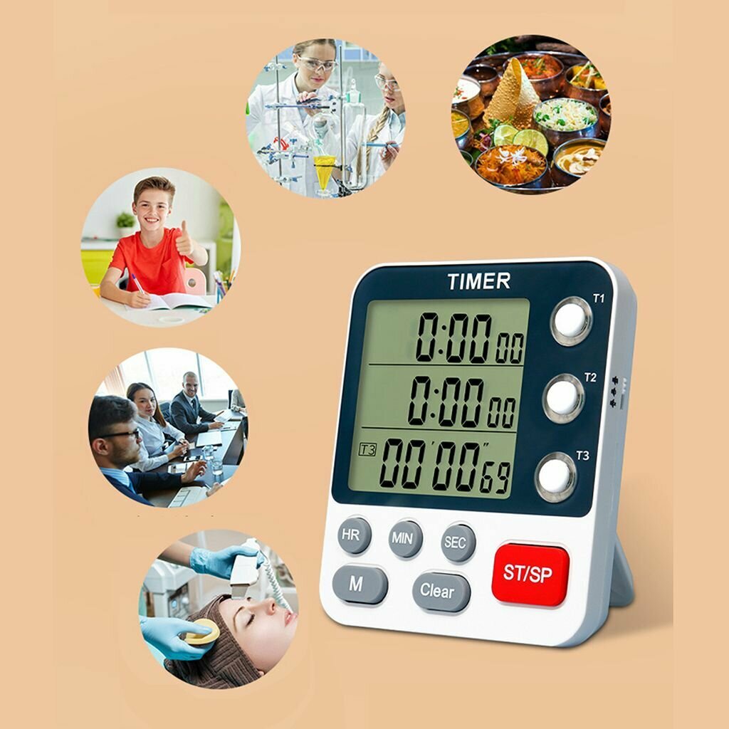 Цифровой таймер для кухни с тремя таймерами T1 T2 T3, 12-часовой LCD дисплей, бело-синий, ST/SP кнопка — фото 1