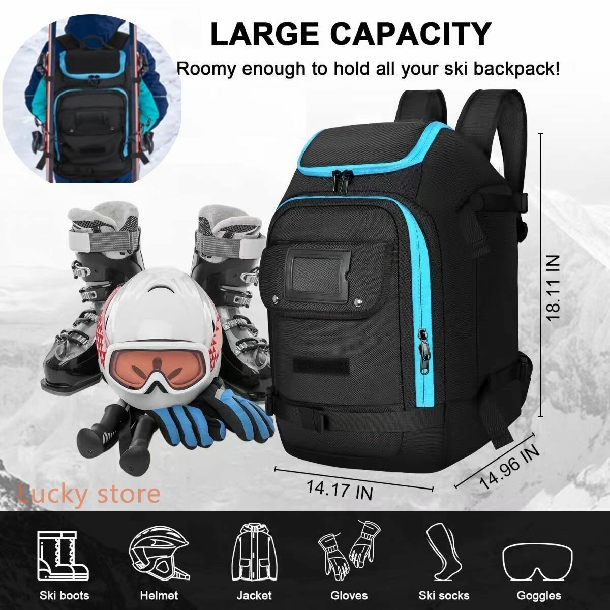 Рюкзак для горнолыжного снаряжения, лыжный рюкзак, черный, Большой объем