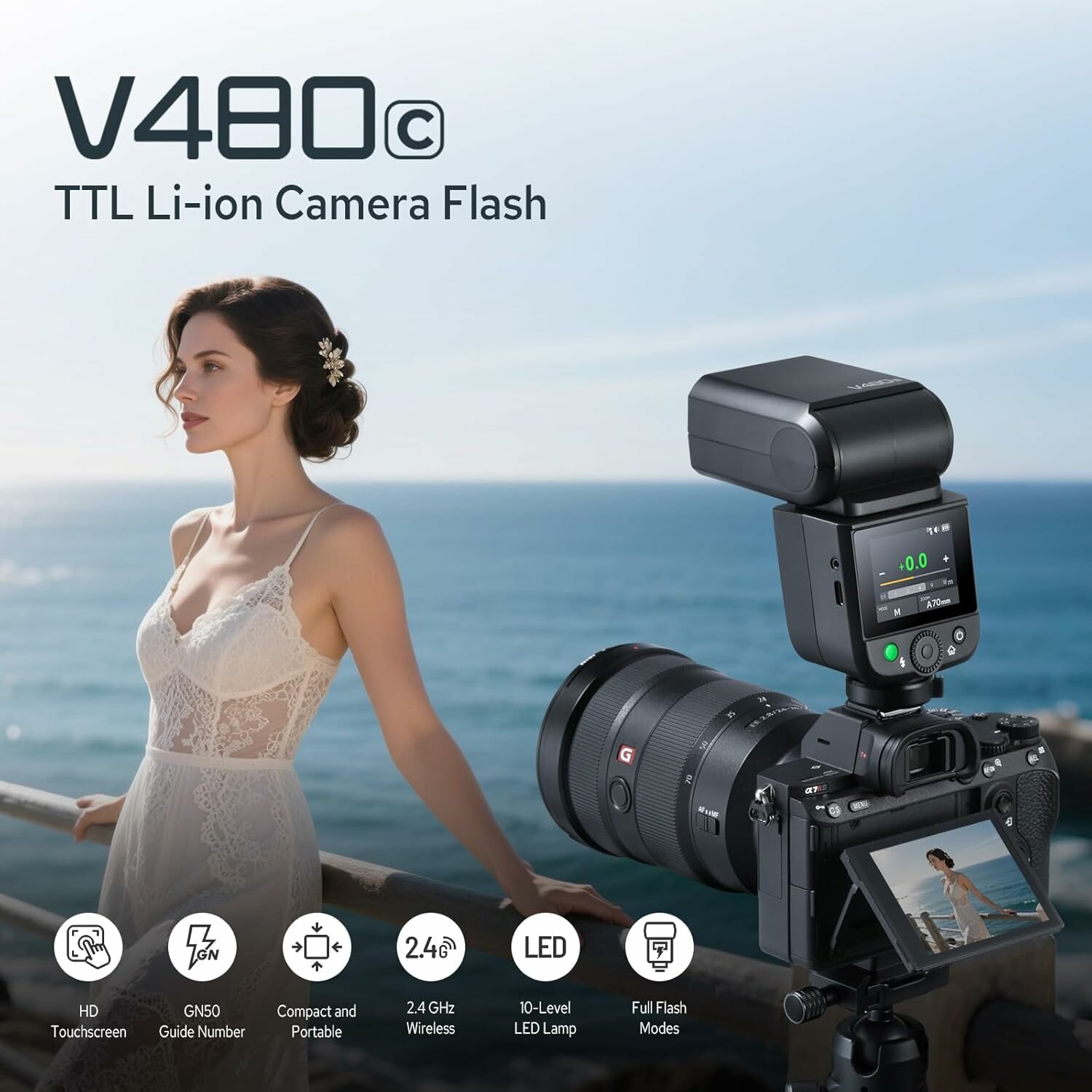 Вспышка Накамерная Godox V480-C TTL для Canon, GN50 высокая выходная мощность