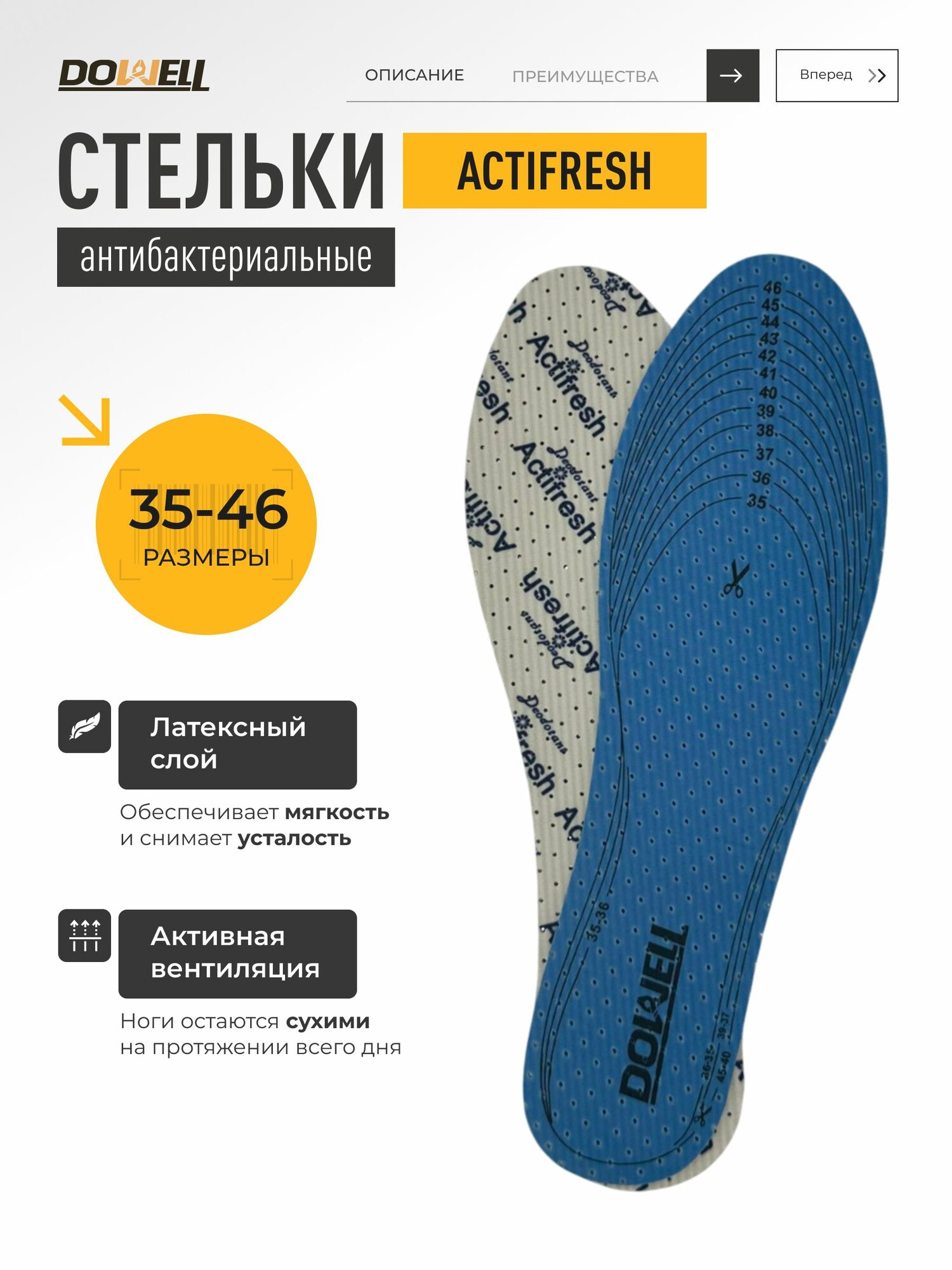 Стельки антибактериальные для обуви и кроссовок от пота