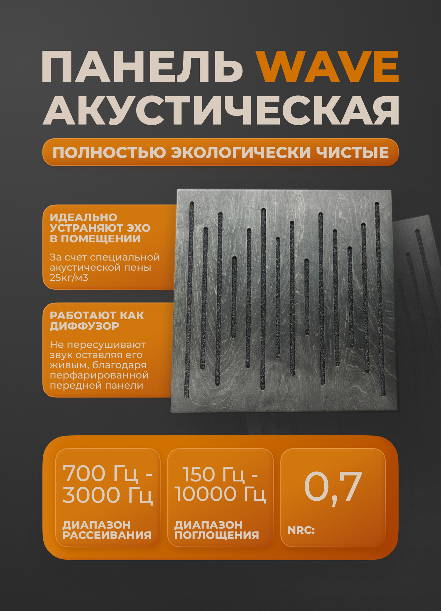 Акустическая панель Wave размеры 500х500х50мм, цвет черное дерево