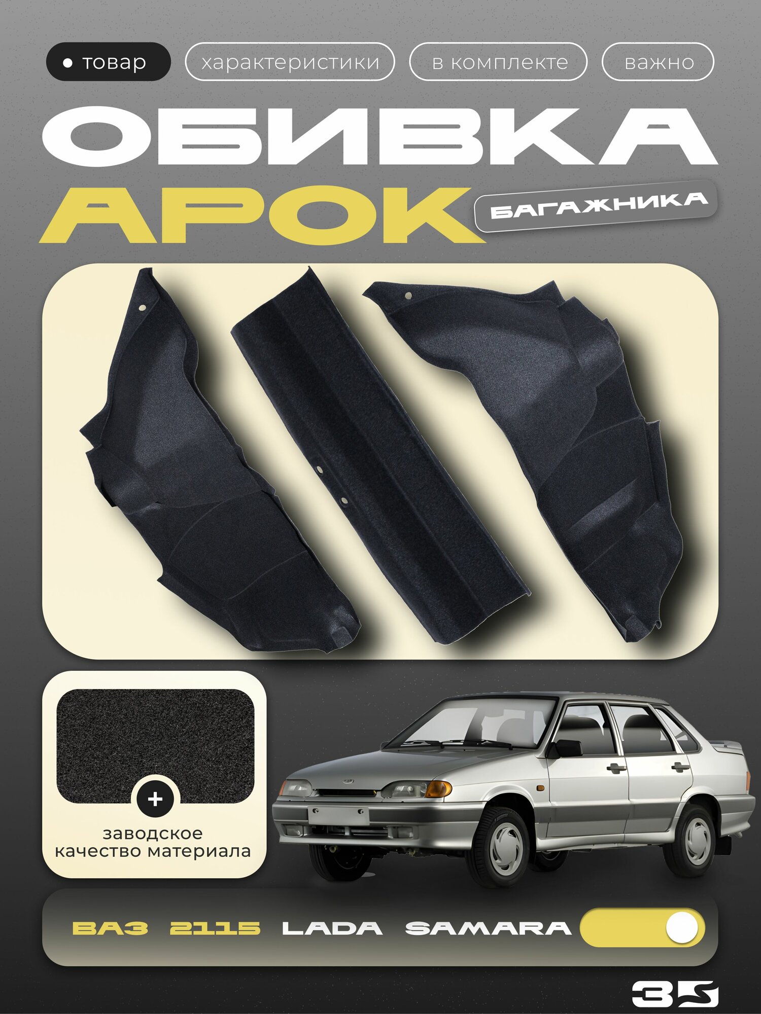 Обивка (обшивка) арки багажника (Формованная) из ворса для ВАЗ 2115 из 3 частей