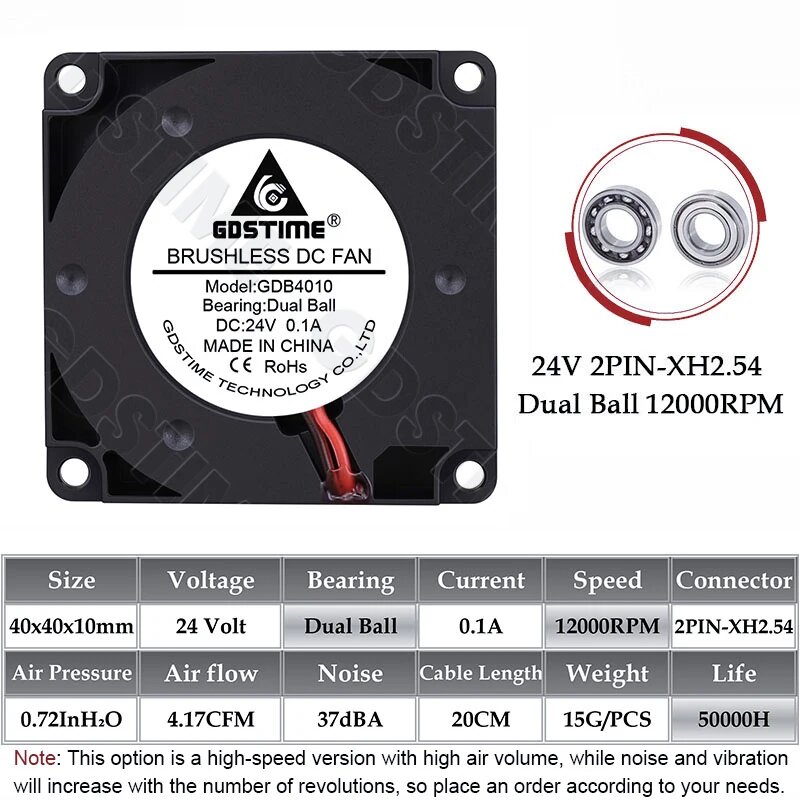 Gdstime 24V 12000RPM 40x40x10mm Dual Ball Fan