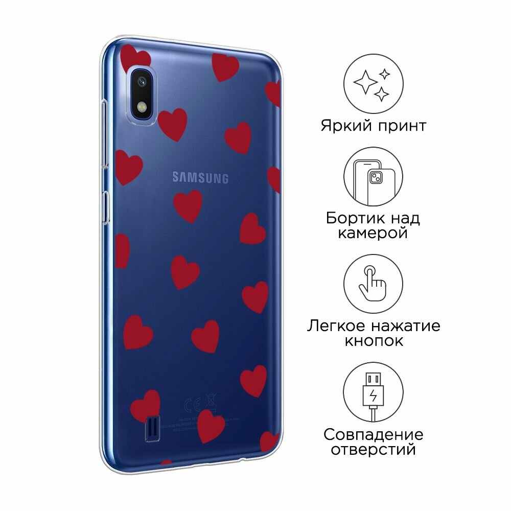 Чехол на Samsung Galaxy A10 / Самсунг Галакси А10 с принтом "Бордовые сердечки паттерн - 14 февраля", прозрачный — фото 1