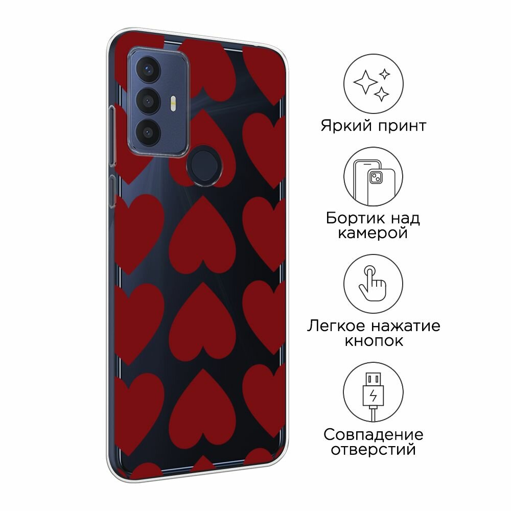Чехол на TCL 30E/30 SE/305/306 / ТСЛ 30E с принтом "Ряды сердечек паттерн - 14 февраля", прозрачный — фото 1