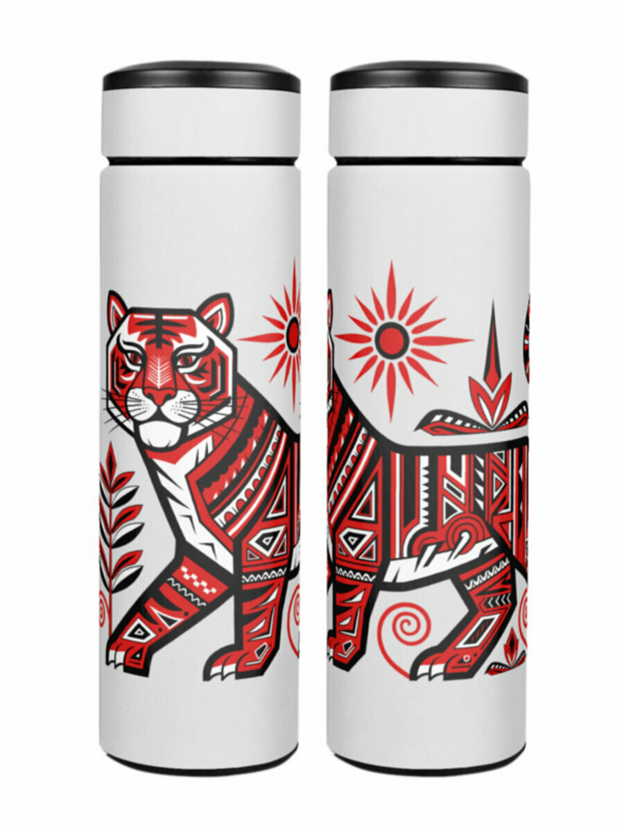 Термос «Красный тигр, в русском стиле» (белый)