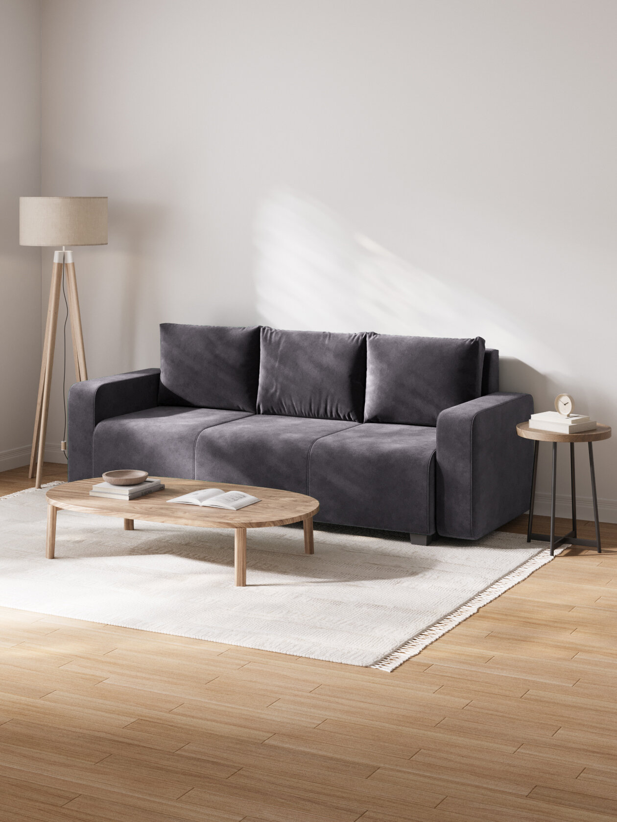 Диван кровать прямой Сали раскладной, плоские пружины змейка, еврокнижка, со съемными подушками, 140х198 см спальное место, Графит, велюр