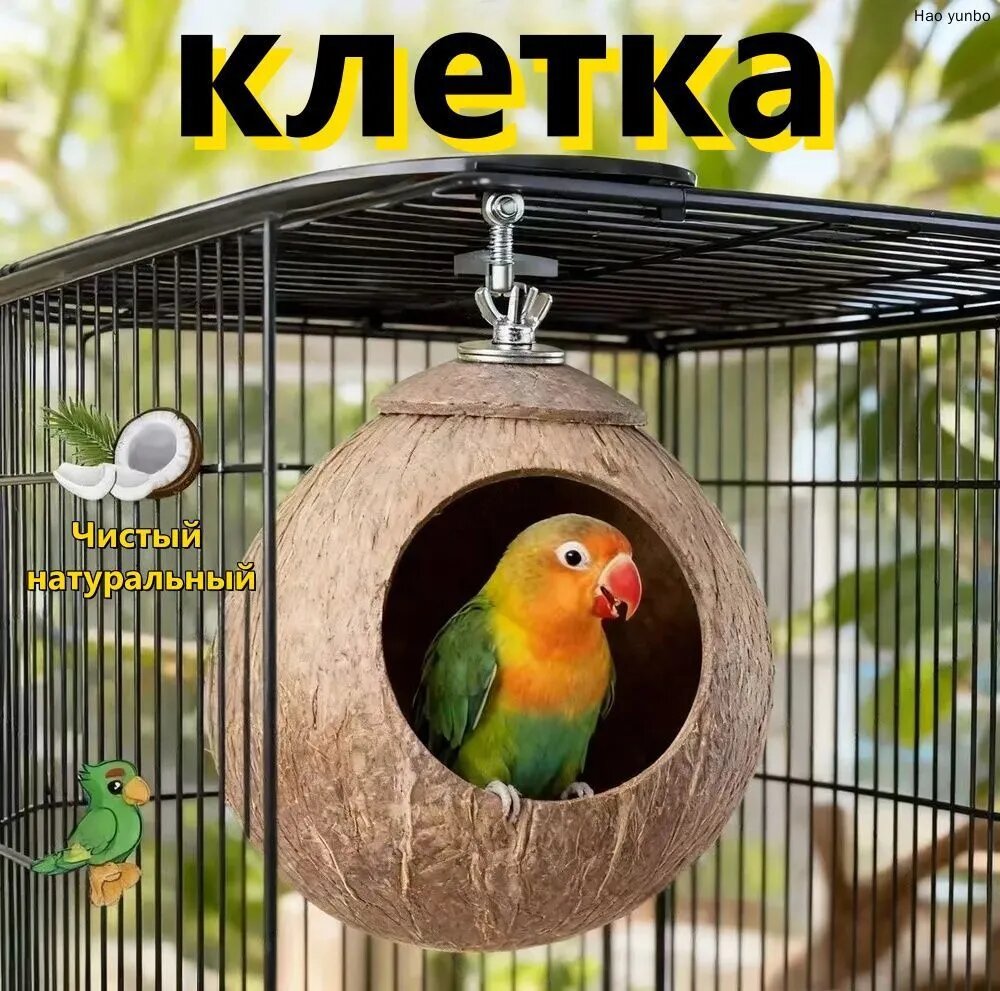 Гнездо для попугая изготовлено из натурального кокоса, диаметр кокоса: 10-13 см, 1 штука