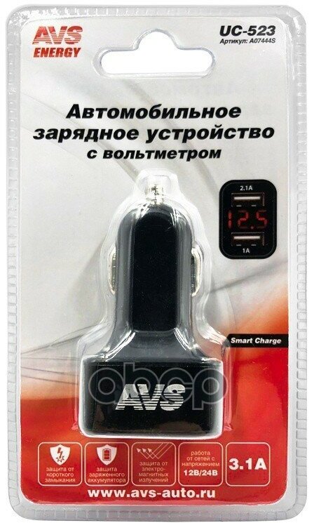 USB автомобильное зарядное устройство AVS 2 порта UC-523 (3А, черный) с вольтметром AVS арт. A07444S
