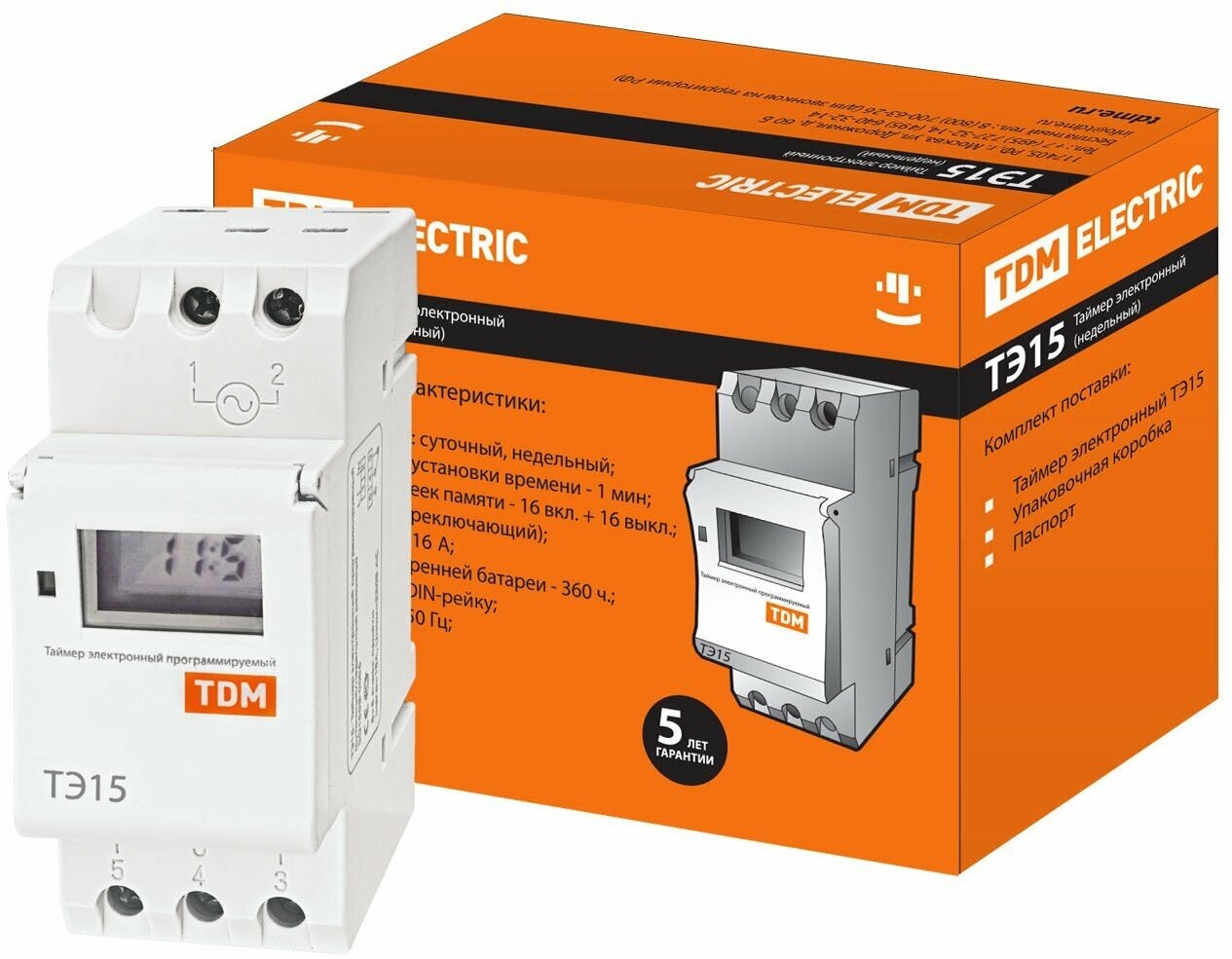 Таймер TDM электронный ТЭ15-1мин/7дн-16on/off-16А-DIN {SQ1503-0005} (1 шт)