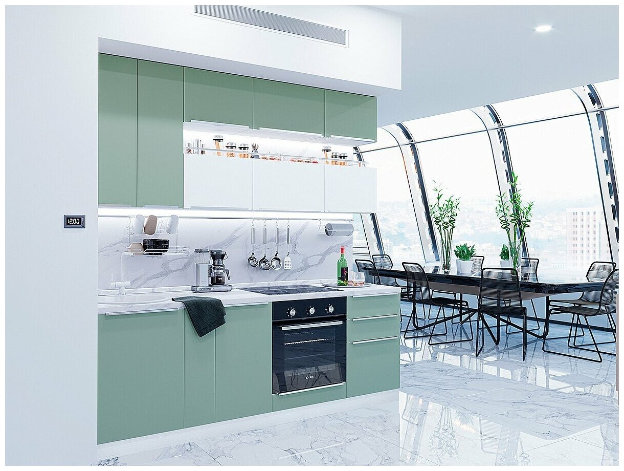 Кухня Фьюжн-01, цвет фасада Silky Mint/Silky White, цвет каркаса Белый, 2340*2300*600 мм
