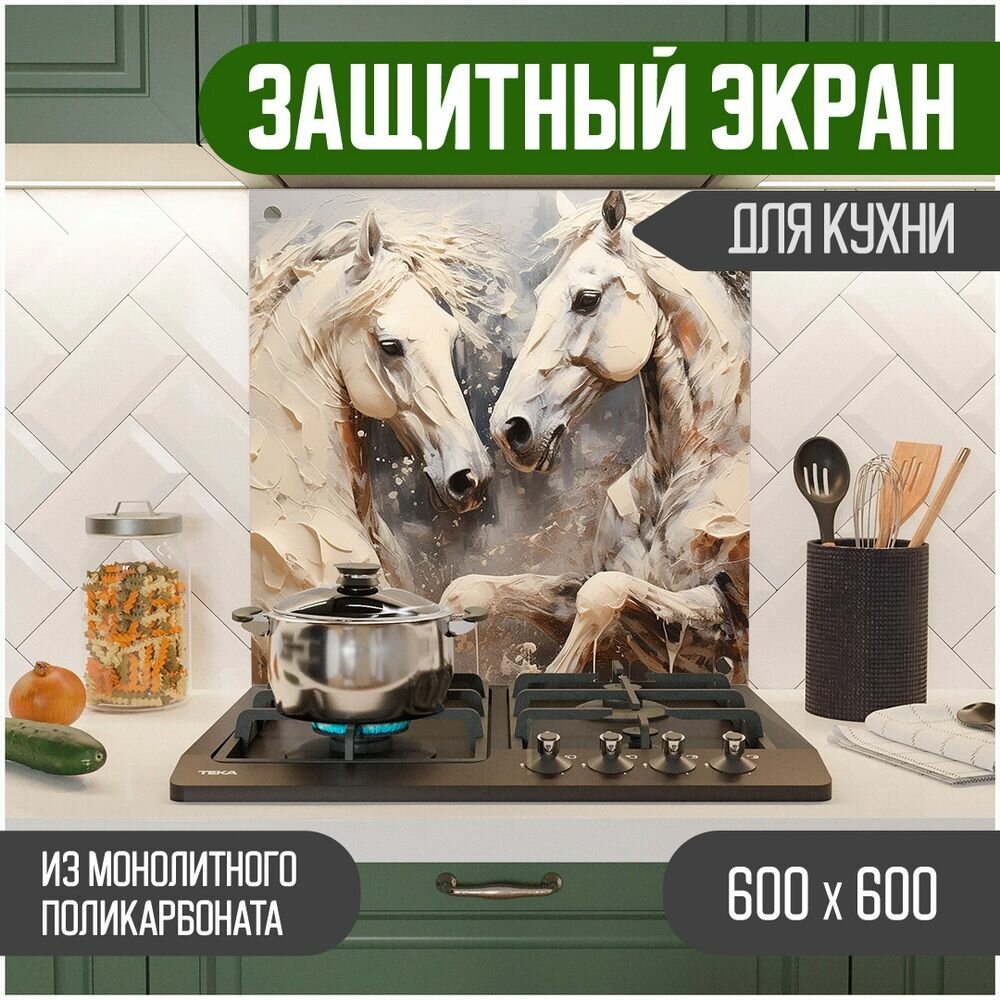 Фартук для кухни, защитный экран из акрилового стекла (поликарбонат) на кухонный фартук в зону мойки и плиты с фотопечатью. Панель на стену с рисунком Лошади 600 х 600 х 3 мм, 600-035