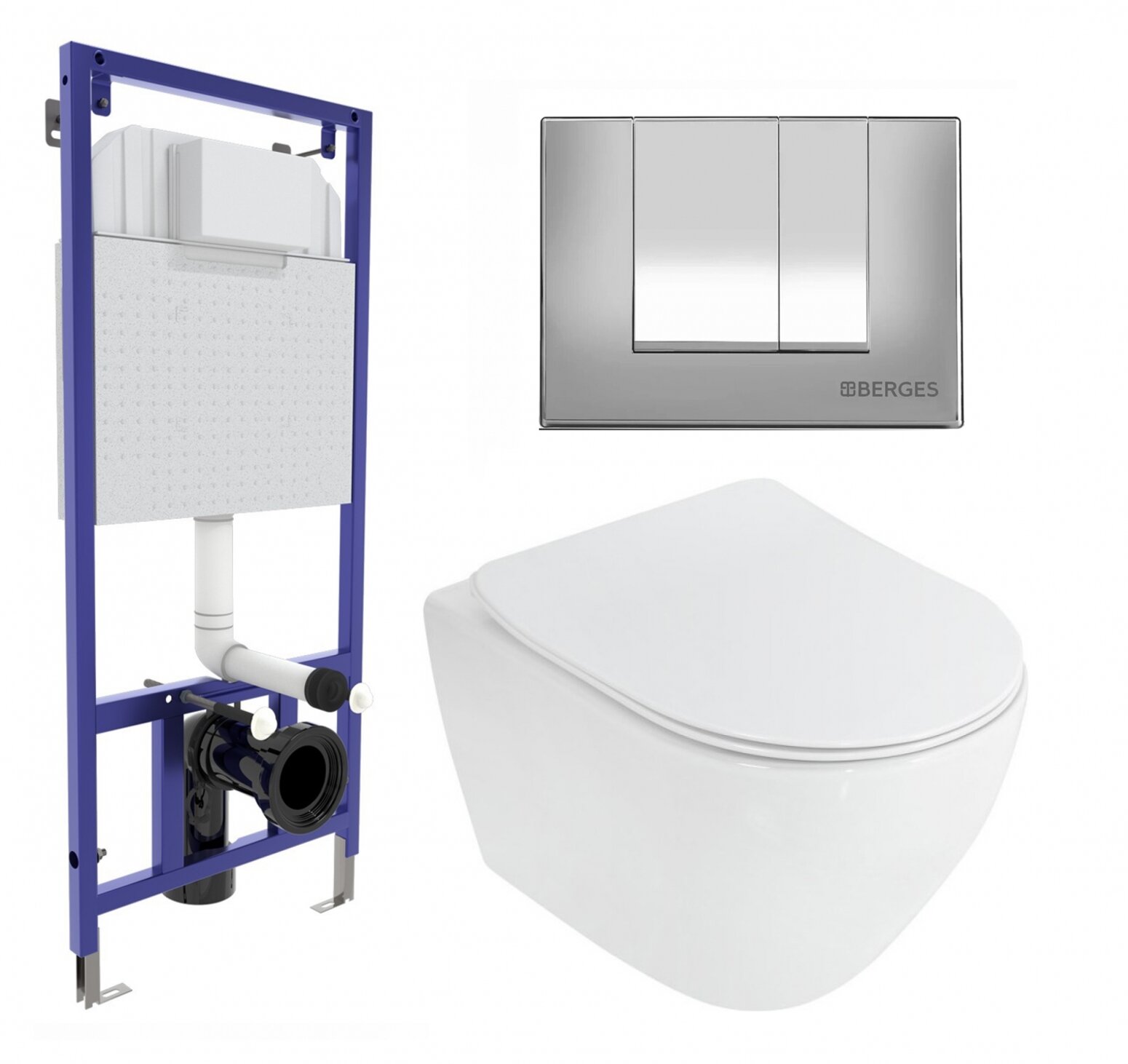 Комплект 3 в 1 инсталляция Berges Wasserhaus Novum 040242 + Унитаз подвесной Cezares Stylus CZR-513-TH-R + кнопка хром матовая