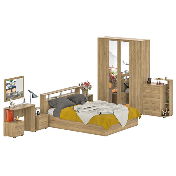 Спальня Камелия № 3 Кровать 1600 + Две тумбы + Стол косметич. + Зеркало + Комод + Шкаф 4-х, цвет дуб сонома, сп. м. 1600х2000 мм, б/м, осн. есть