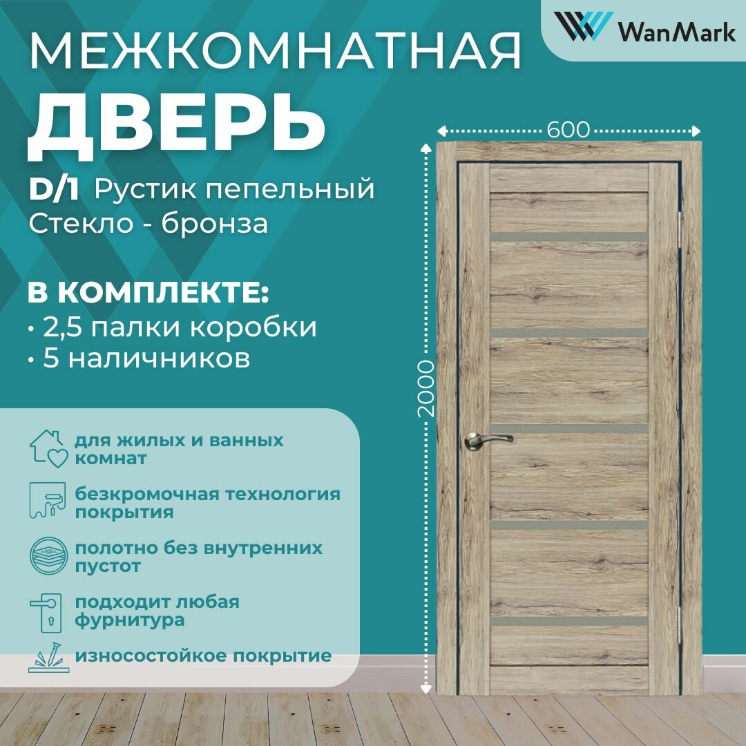 Дверь межкомнатная экошпон D1 со стеклом цвет рустик пепельный, 600х2000, в комплекте с коробкой и наличниками
