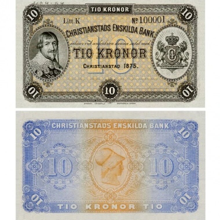 Швеция 10 крон 1875 банк Christianstads, сувенирная копия, банкноты и купюры редкие коллекционные