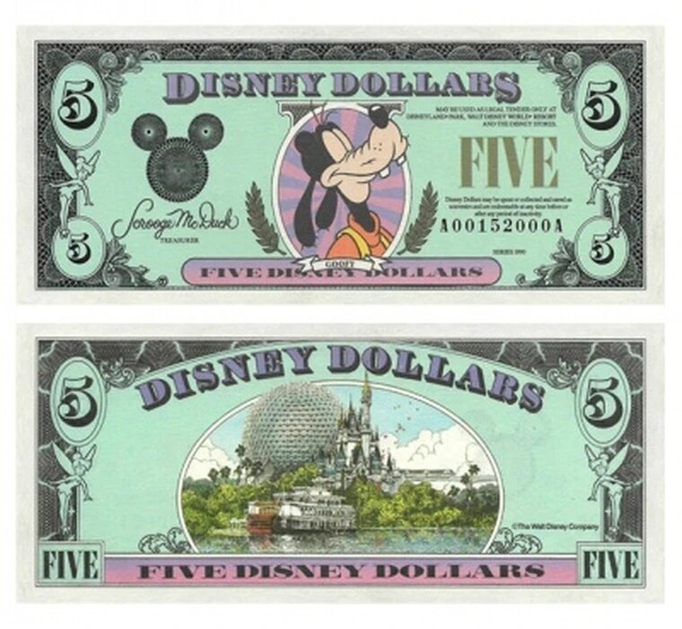 5 долларов Disney World Mickey Dollar 1990, сувенирная копия, банкноты и купюры редкие коллекционные