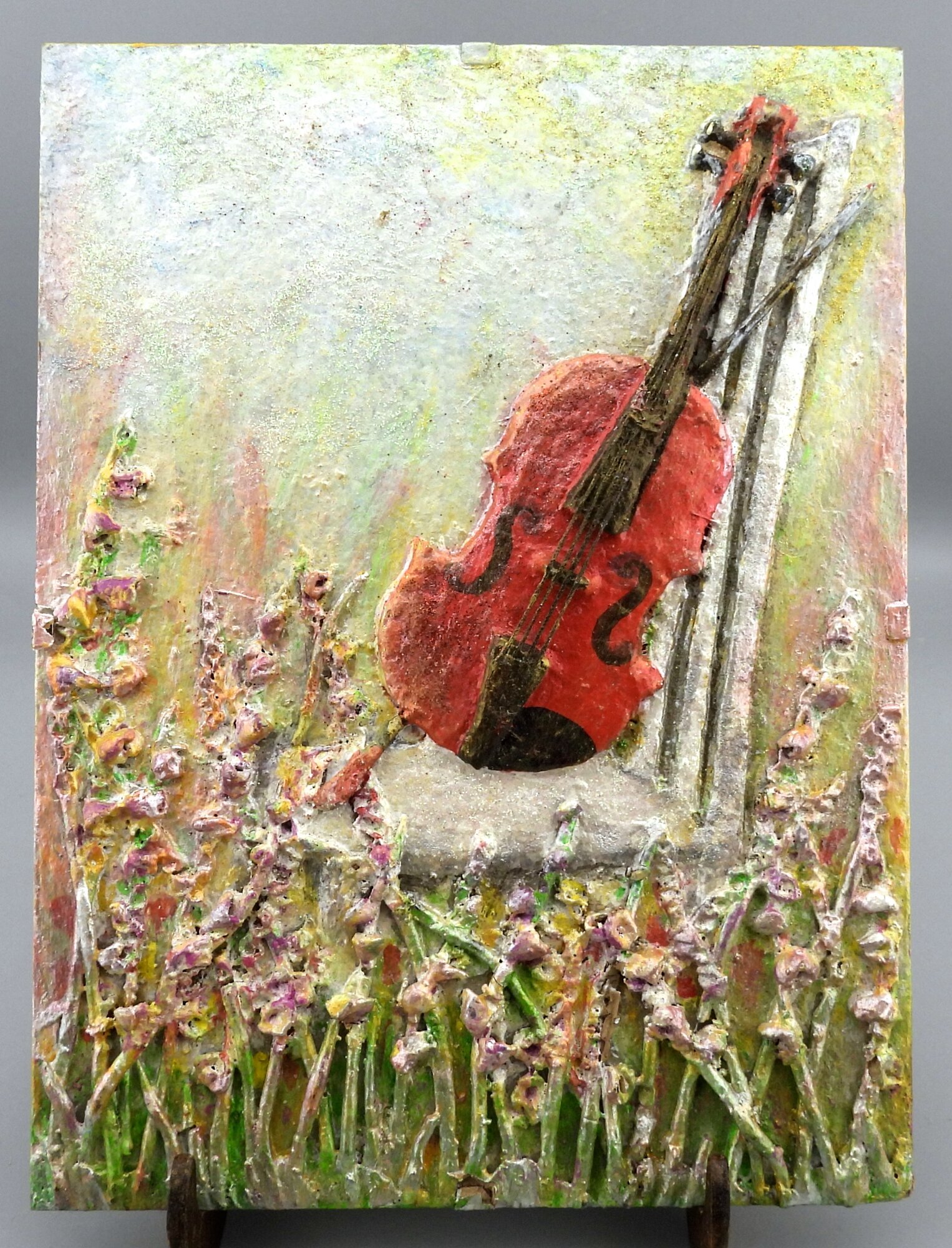 Панно картина "Скрипка и ирисы" акрил ручная работа 15х20 см