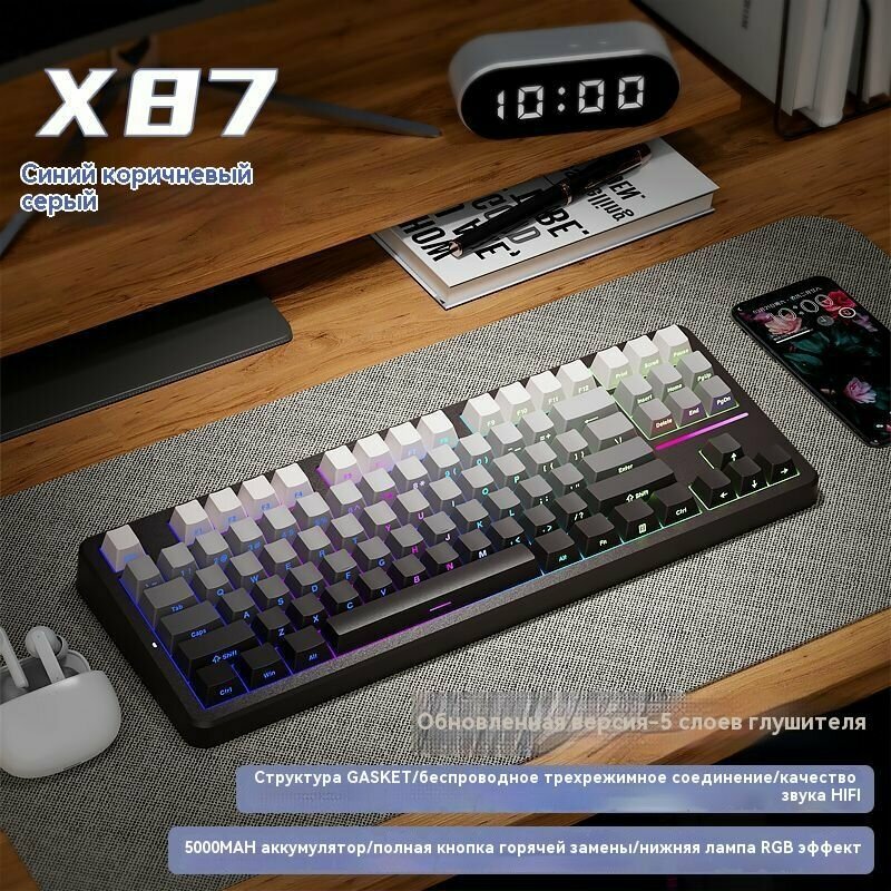 EWEADN Игровая механическая клавиатура X87 Pro (Ось уимет), английская комполяция, чёрный, розовый, поддержка, bluetooth, USB-C, 2.4GHZ