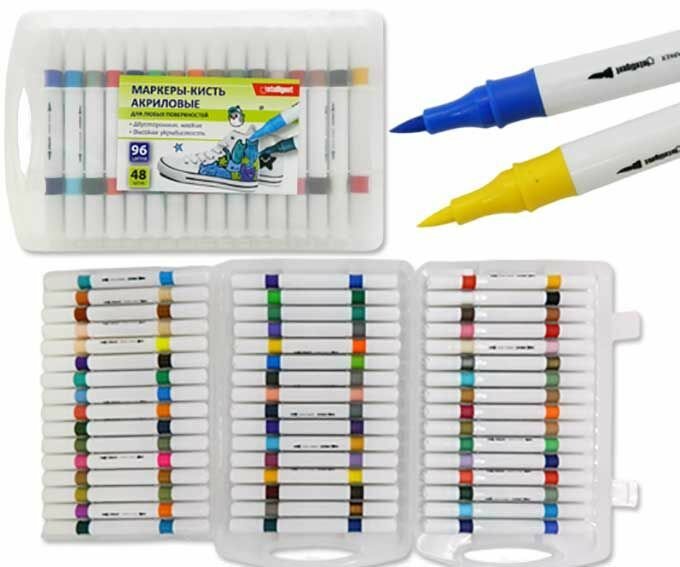 Акриловые маркеры INTELLIGENT Двусторонние, кисть, 1-4 мм, круглые, пластиковый футляр, 96 цветов, 48 шт (DE-102)
