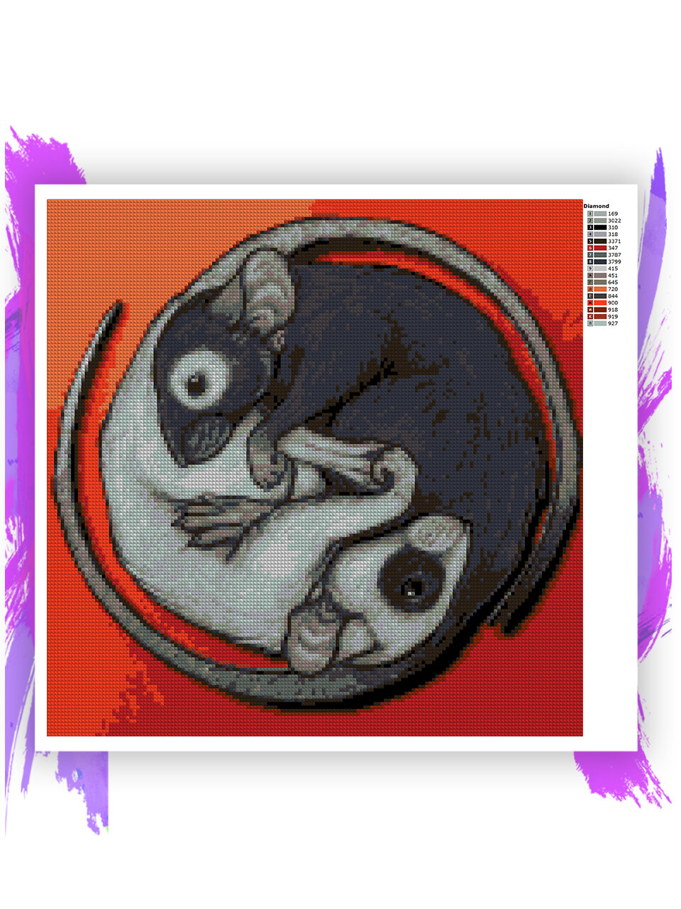 Алмазная мозаика без подрамника - вышивка Крыски Инь Янь 40 х 40 см