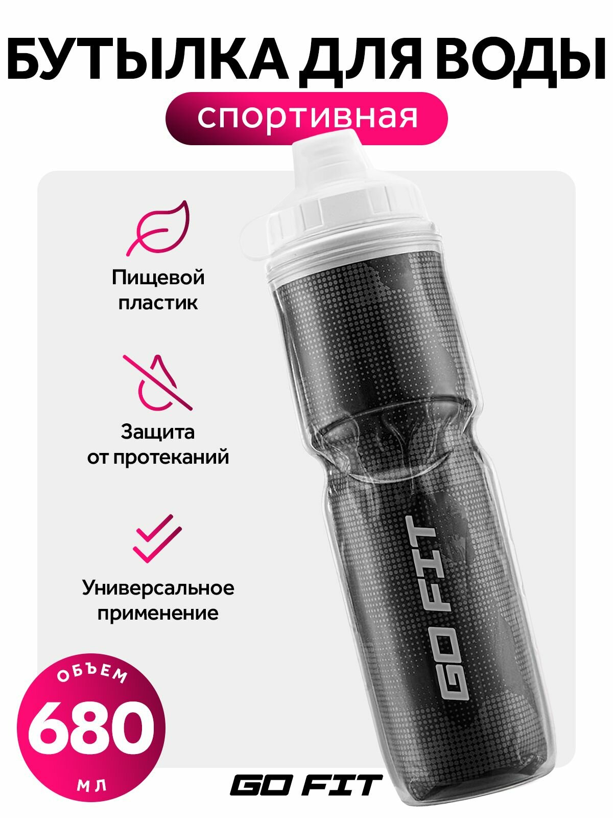 Бутылка для воды спортивная GO FIT, 680 мл, черная