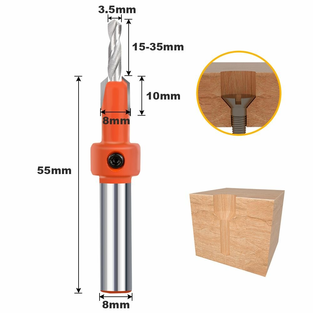 Сверло с зенкером по дереву XCAN 8х3,5х(15-35)х55 мм