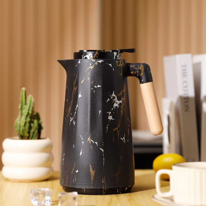 Изоляционный горшок "Черный мрамор", 1л, термоизоляция, с фиксированой деревянной ручкой