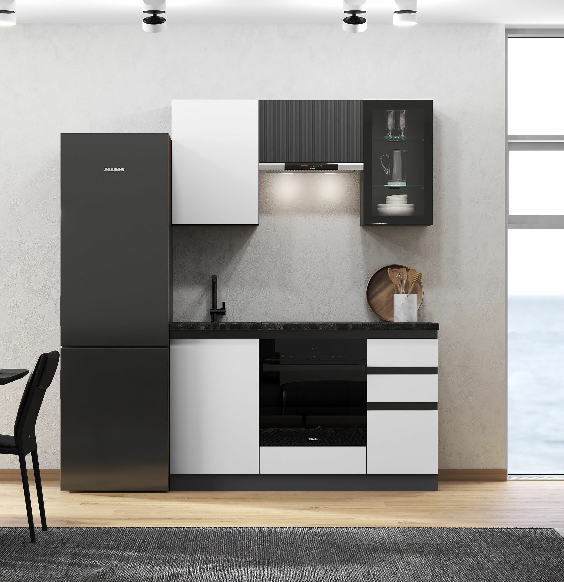 Кухня Техно-6 1,5м Графит/Белый снег софт/Графит софт NEW