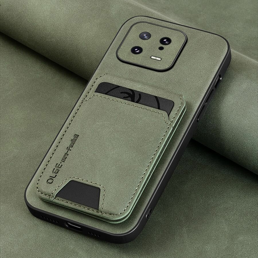 Премиум кожа чехол на Xiaomi 13 (Сяоми 13 / Ксиаоми 13) Противоударный чехол с магнитный картхолдером и подставкой
