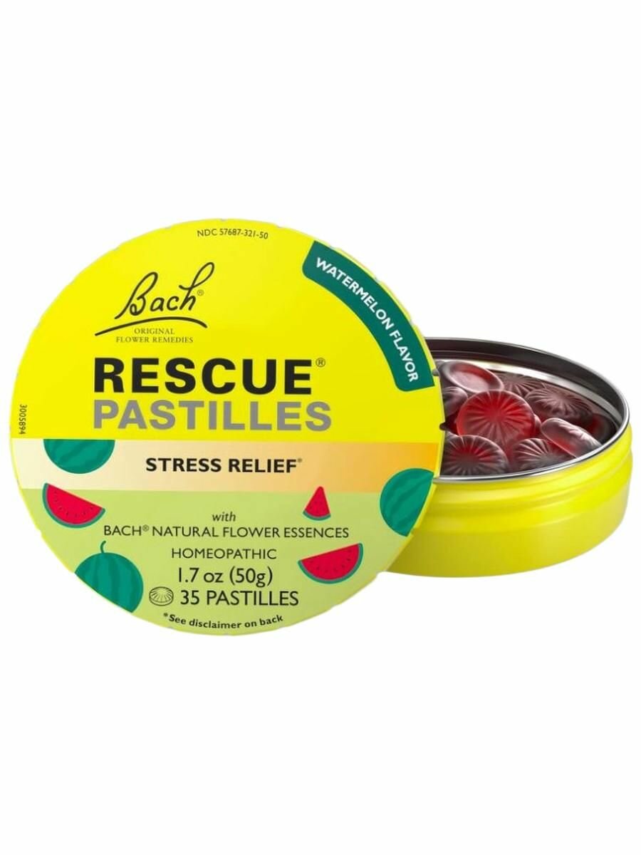 Bach, RESCUE REMEDY, Успокаивающие пастилки, природное снятие напряжения, арбуз, 50 г