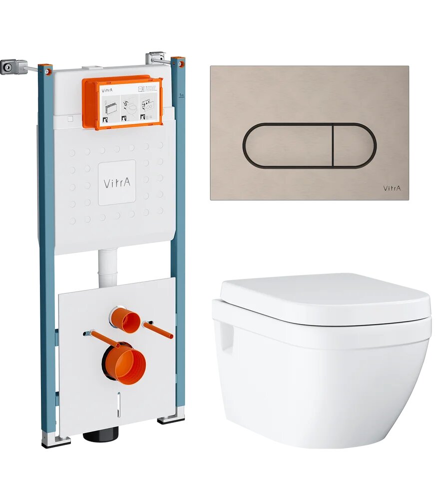 Комплект 3 в 1 Унитаз подвесной Grohe Euro Ceramic 39703000 / Инсталляция VitrA V-Fix Core 732-5800-01PV / Кнопка Root Round 740-2295 цвет никель