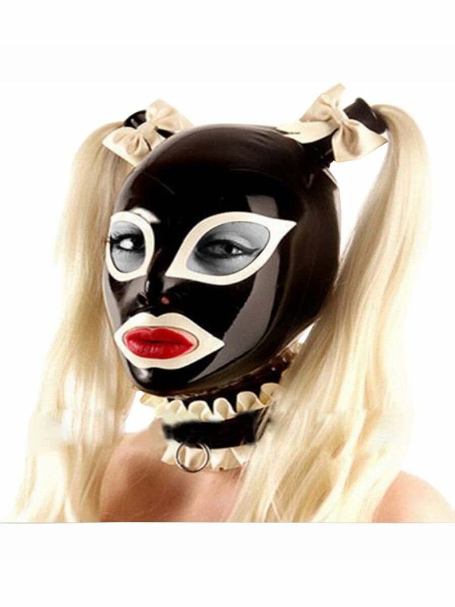 БДСМ бондаж латексная маска на голову черная с париком