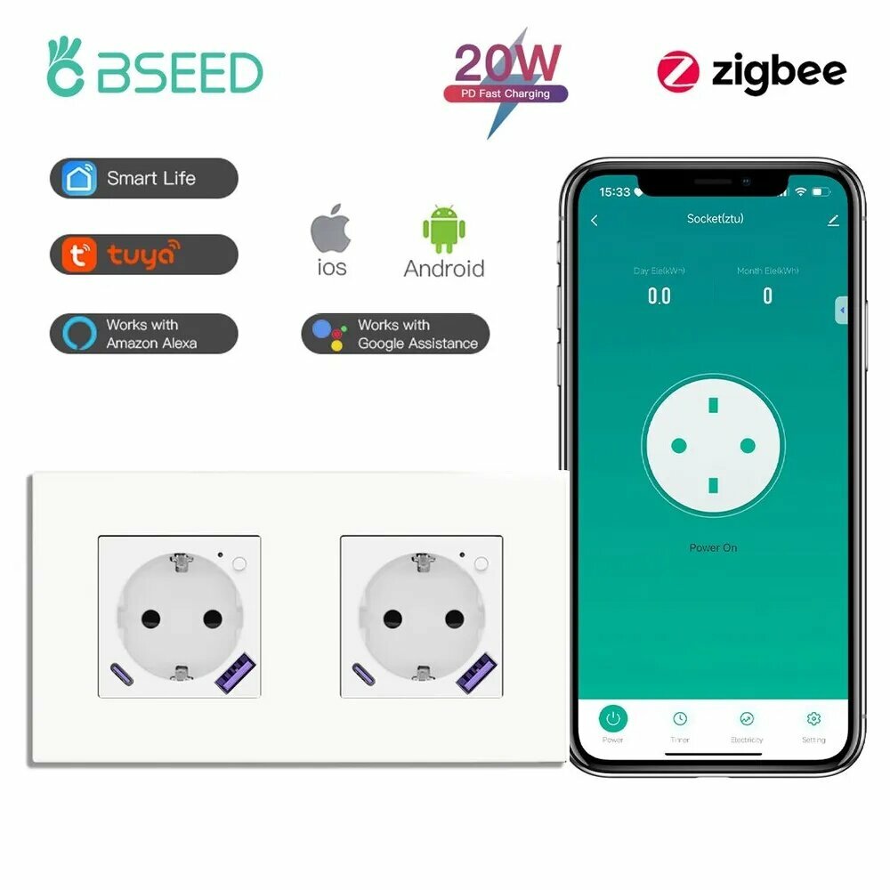 Розетка с USB и Type-C 20W быстрой зарядкой, с мониторинг потребления , Zigbee, управление с Алисой, пластиковые рамки