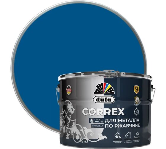 Dufa Грунт-эмаль по ржавчине гладкая Correx 3 в 1 RAL-5005 синий 10 л