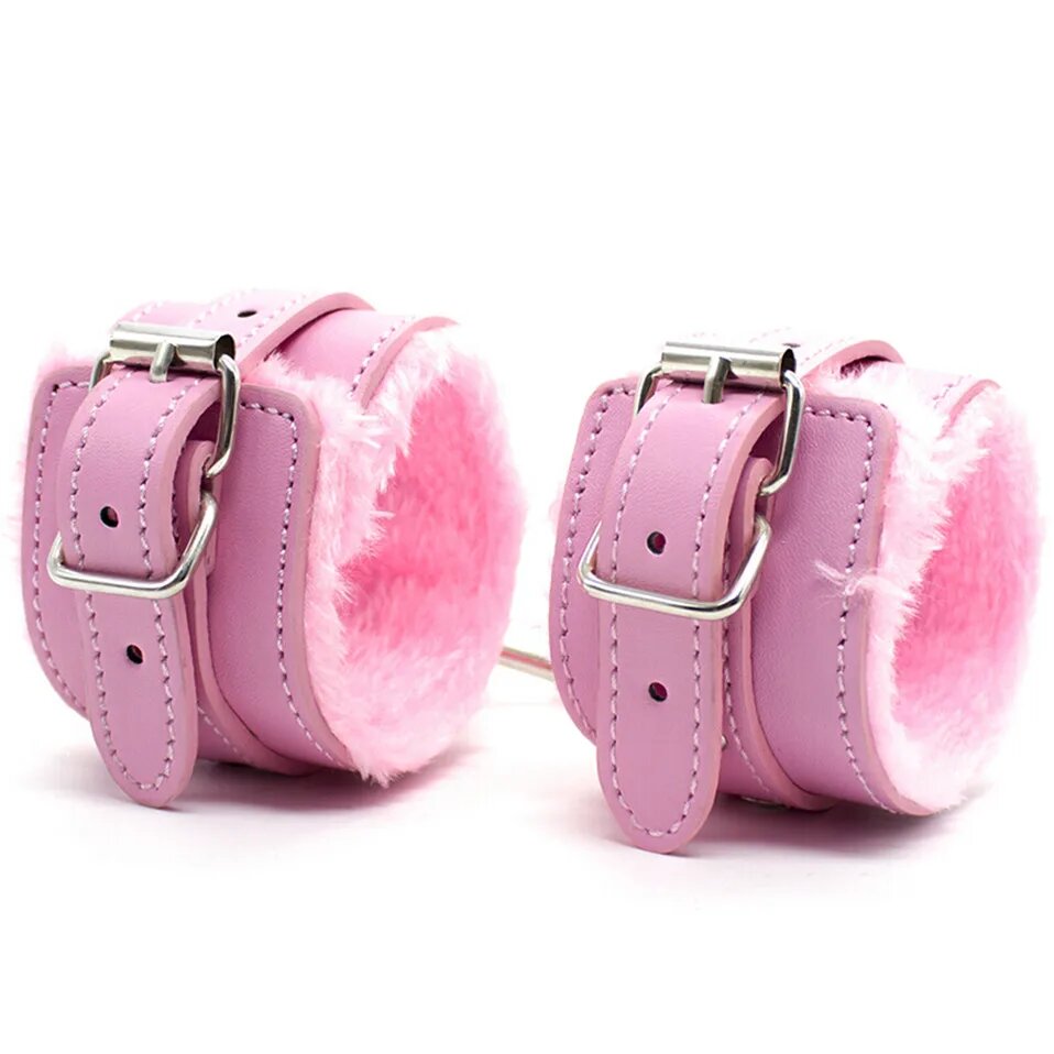 Розовые плюшевые наручники из искусственной кожи AT-100-Pink