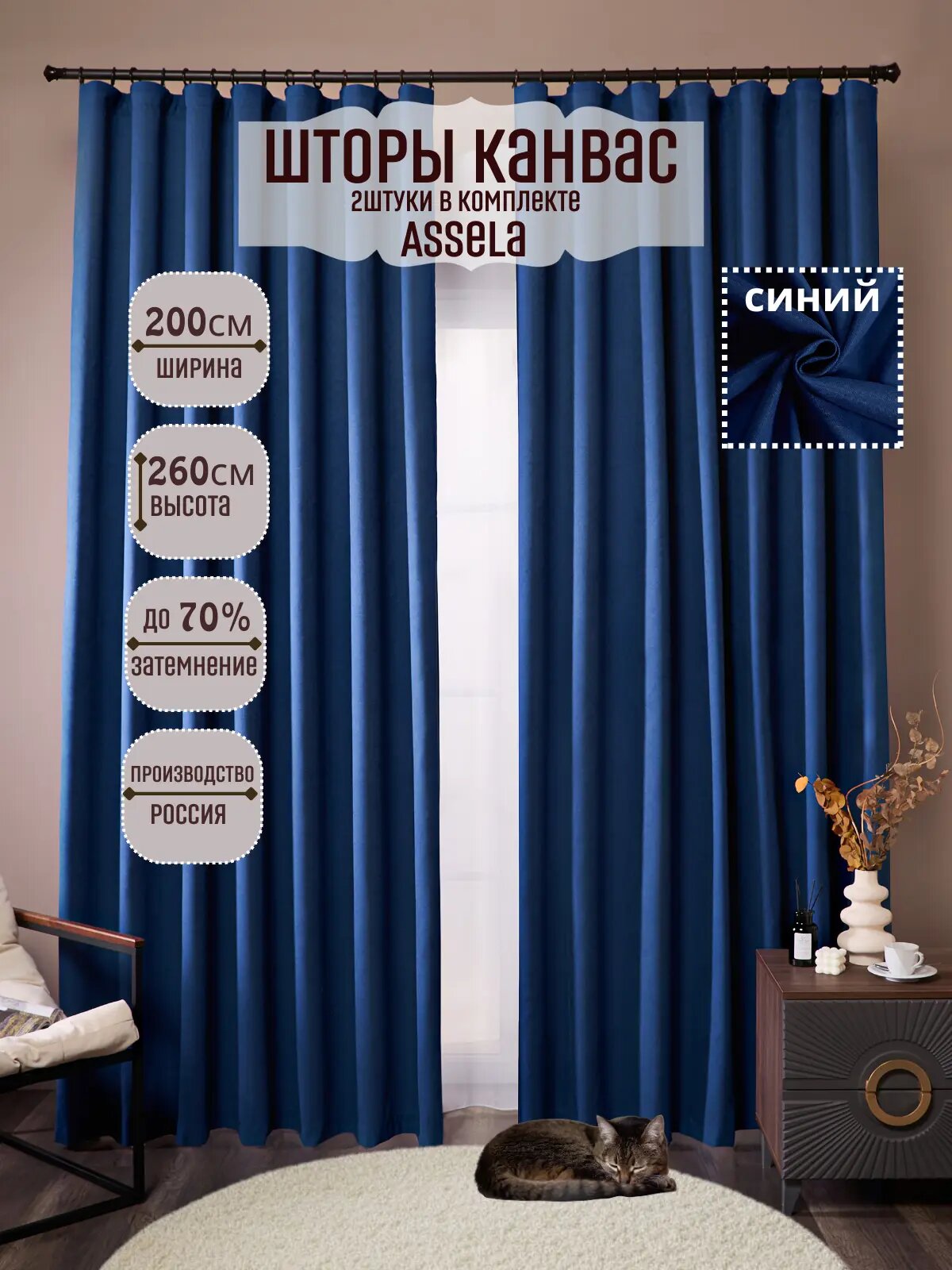 Шторы синие, 200x260 см, комплект из 2 шт, из канваса, плотные