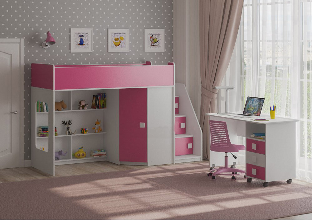 Кровать чердак Л-43.2.4 Белый Розовый