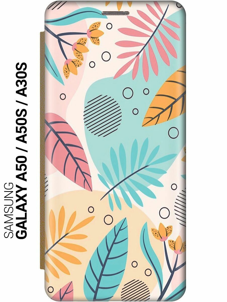 Чехол-книжка на Samsung Galaxy A50, A50s, A30s, Самсунг А50, А30с, А50с c принтом "Аппликация из листочков" золотистый