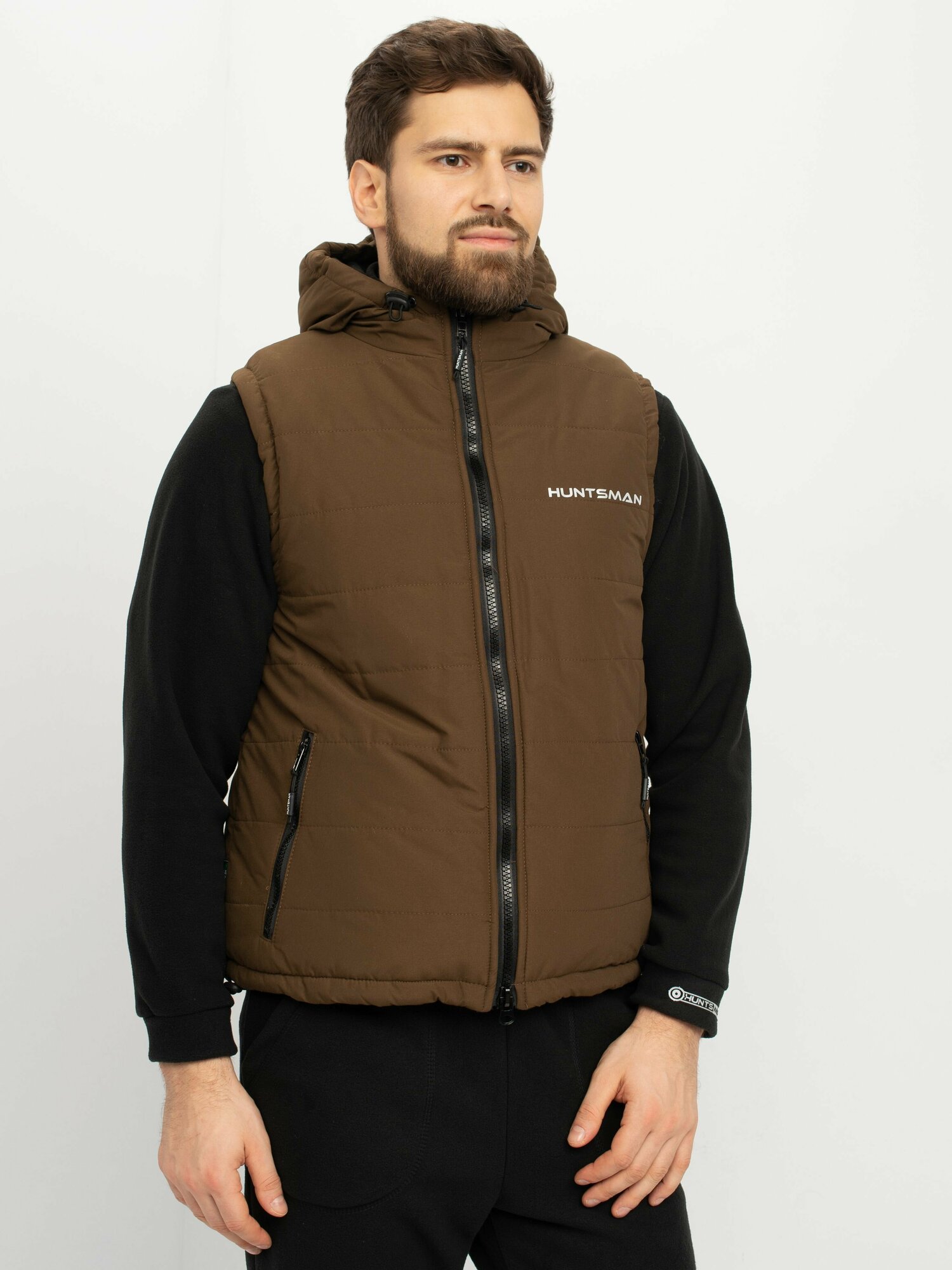 Жилет мужской утепленный демисезонный Huntsman Фристайл с карманами, капюшоном, спортивный, рыболовный, ткань Канада, цвет коричневый (р.56-58/182)